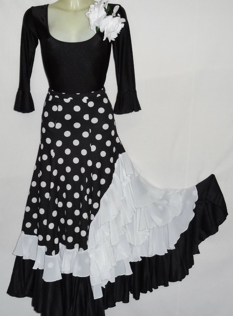 FALDA FLAMENCO / SEVILLANA NEGRA LUNARES BLANCO CON MUCHOS VOLANTES ...